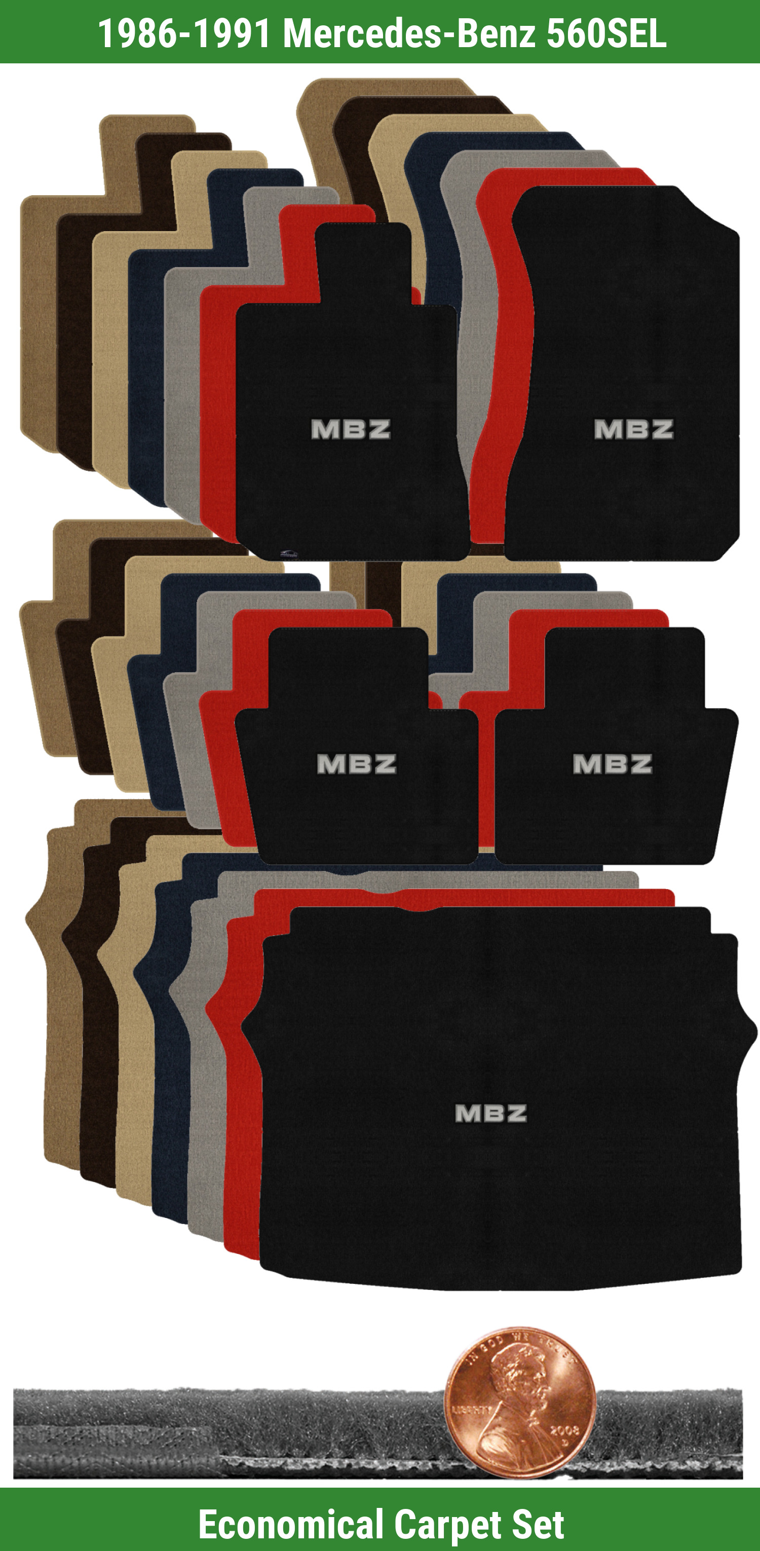 Custom Velourtex Mat Set for '86-91 Mercedes 560SEL w/Logo (5 pieces) # ...